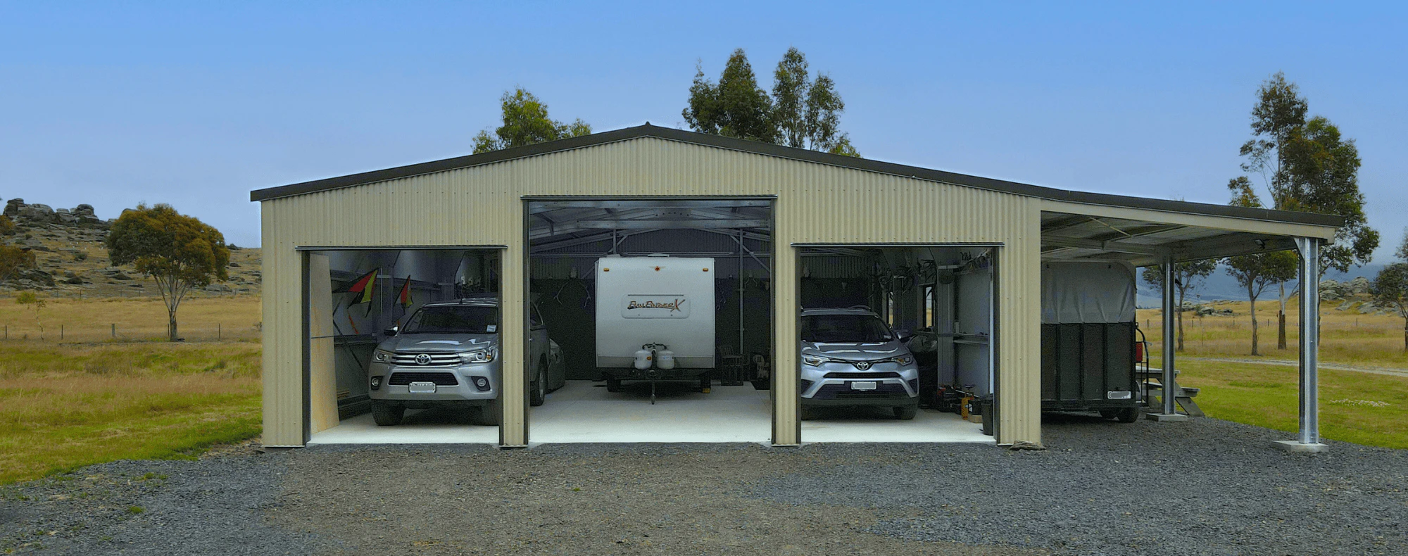 Custom Triple Garage with Canopy for Hunter in Otago | Wide Span Sheds NZ