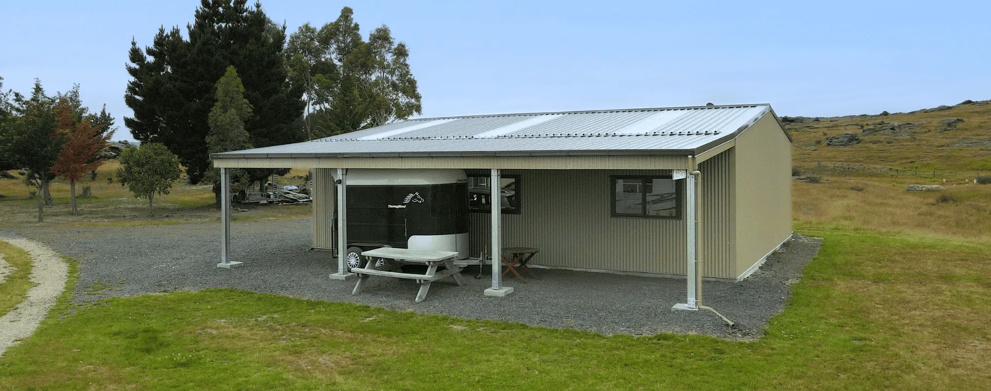 Custom Triple Garage with Canopy for Hunter in Otago | Wide Span Sheds NZ