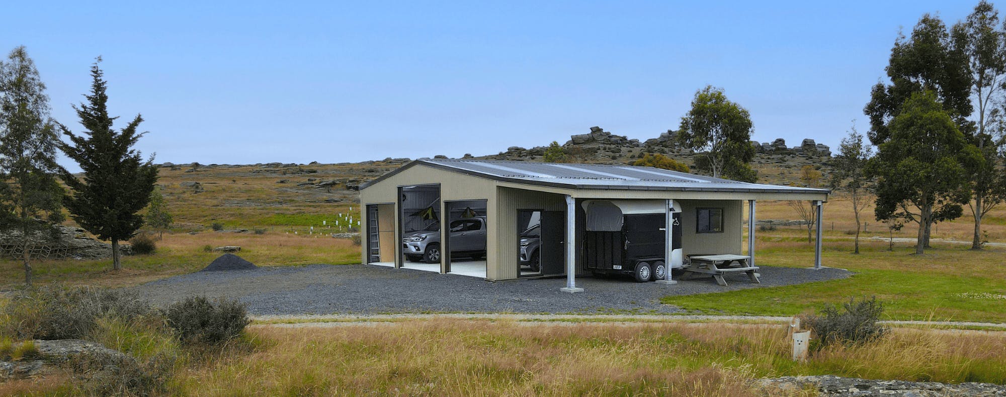 Custom Triple Garage with Canopy for Hunter in Otago | Wide Span Sheds NZ